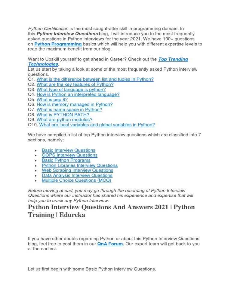 Python Interview Questions And Answers 2021 Python Training Edureka Pdf Class Computer