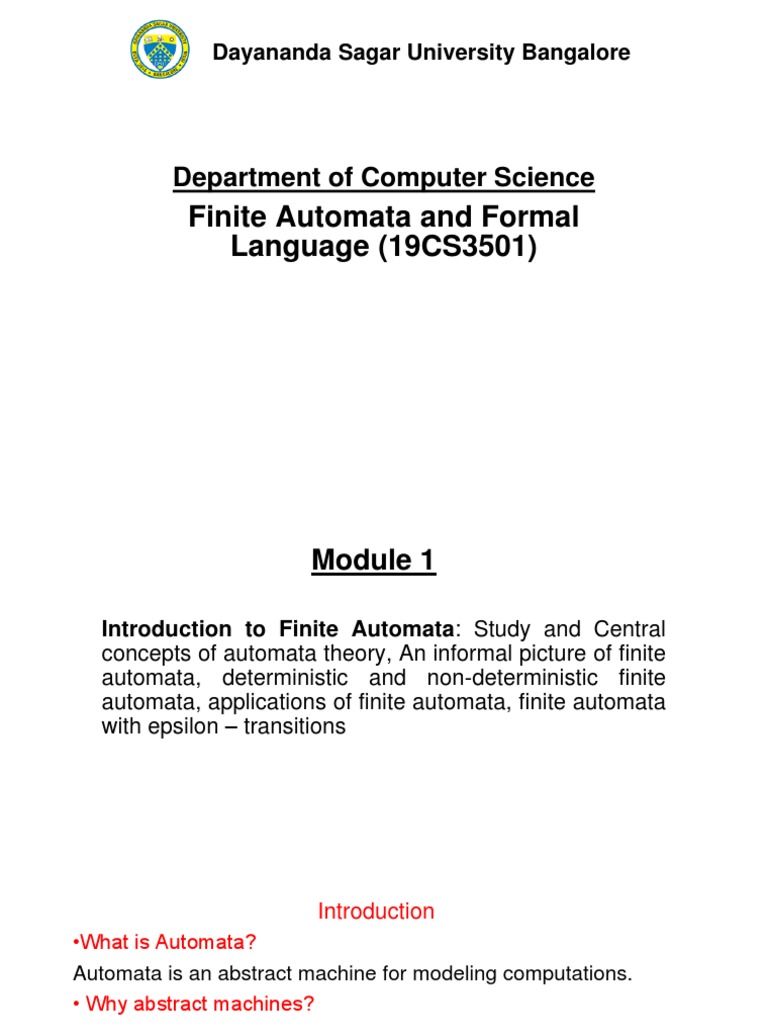 Finite Automata And Formal Language 19cs3501 Department Of Computer Science Pdf Computer