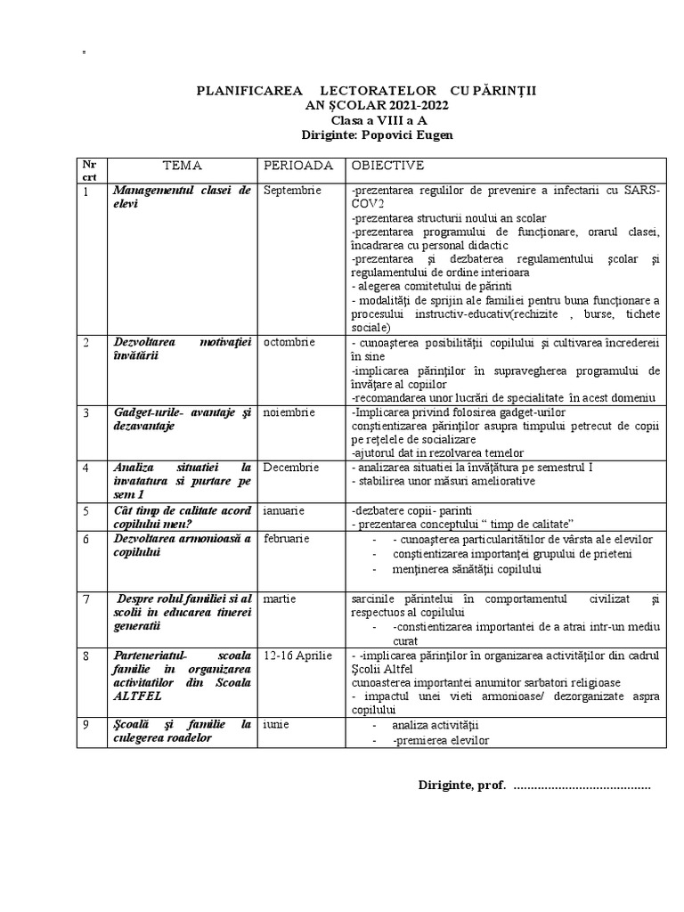 Planificare Consiliere Parinti | PDF
