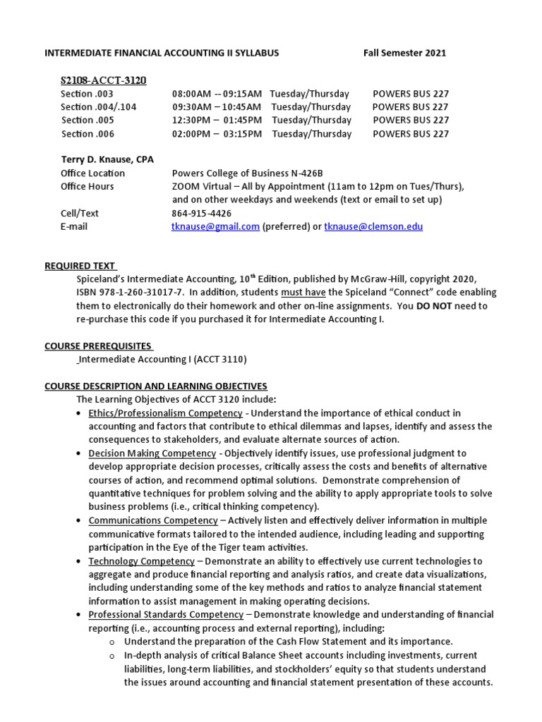 Intermediate Financial Accounting Ii Syllabus Fall Semester 2021 | PDF ...