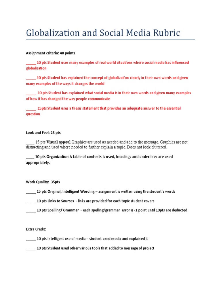 Globalization and Social Media Rubric | PDF