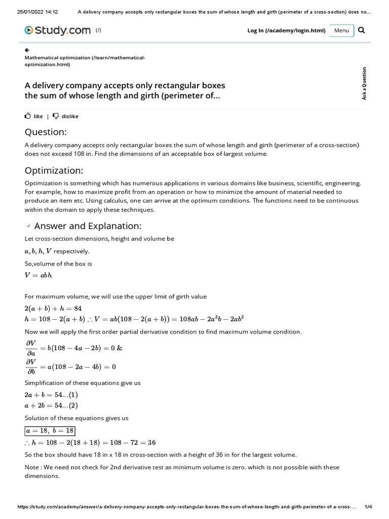 A Delivery Company Accepts Only Rectangular Boxes The Sum of Whose Length and Girth (Perimeter ...