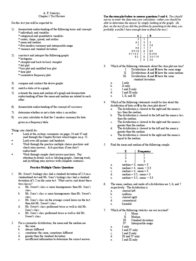 Chapter 1 Test Review | PDF | Mean | Median