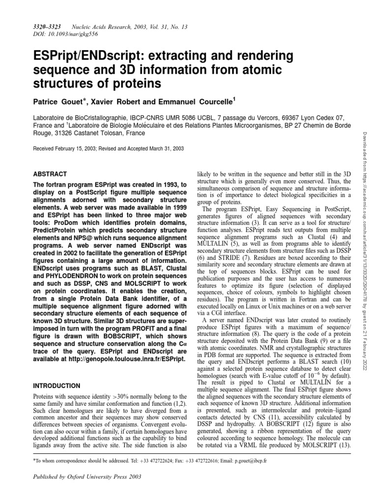 Espript/Endscript: Extracting and Rendering Sequence and 3D Information From Atomic Structures ...