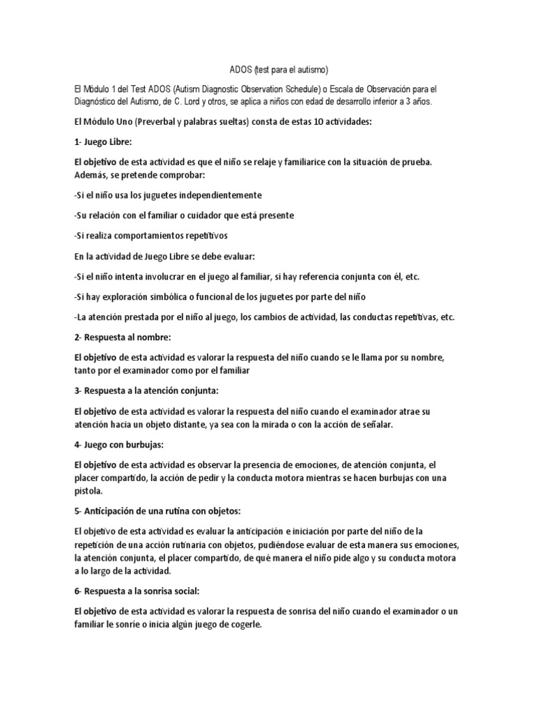 ADOS Test para Detectar TEA | PDF | Espectro autista | Las emociones