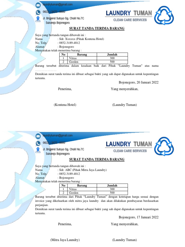 Surat Tanda Terima Barang - Laundry Tuman - Luluk Isroiyah | PDF
