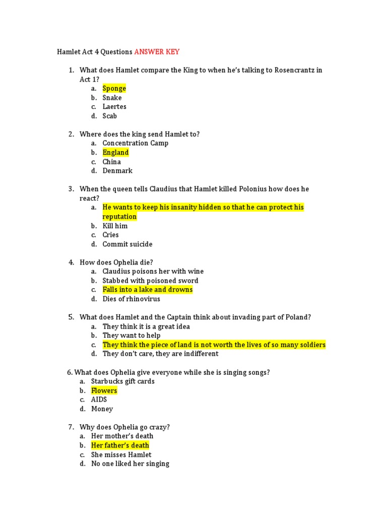 Hamlet Act 4 Questions ANSWER KEY | PDF | Hamlet | Plays Based On ...
