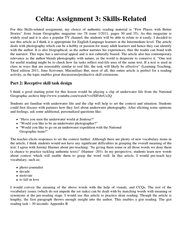 Celta Assignment 3 Skills Task Design Pdf Teachers Speed Reading
