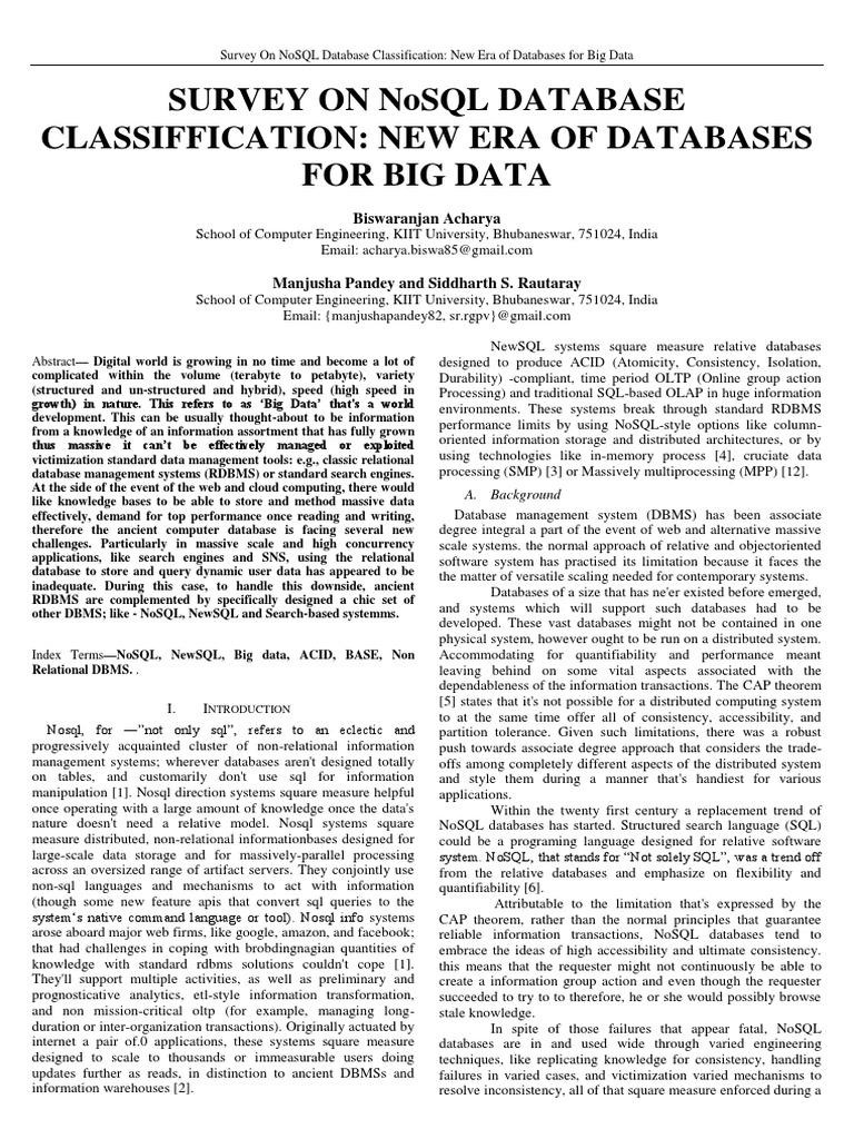 Survey On Nosql Database Classification Pdf No Sql Databases 5992