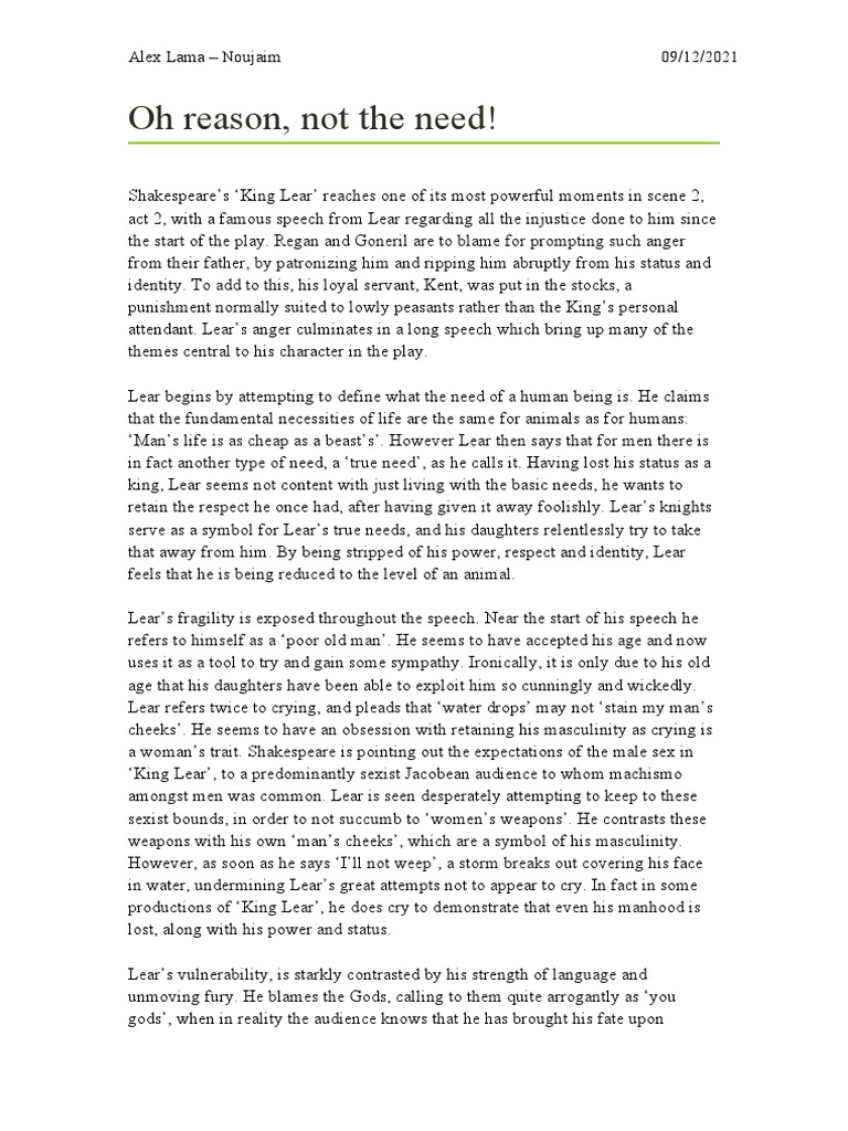 Oh Reason Not The Need | PDF | King Lear