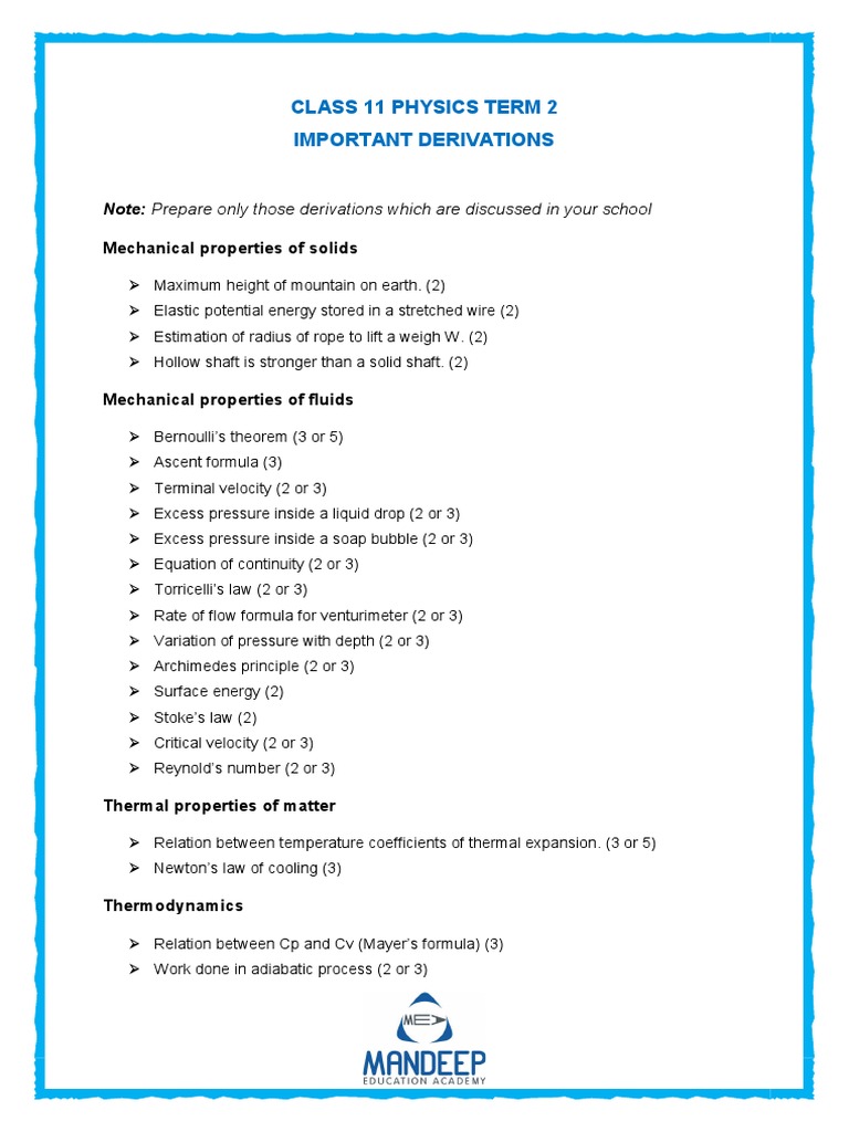Class 11 Physics Important Derivation of Term 2 | PDF | Gases | Waves