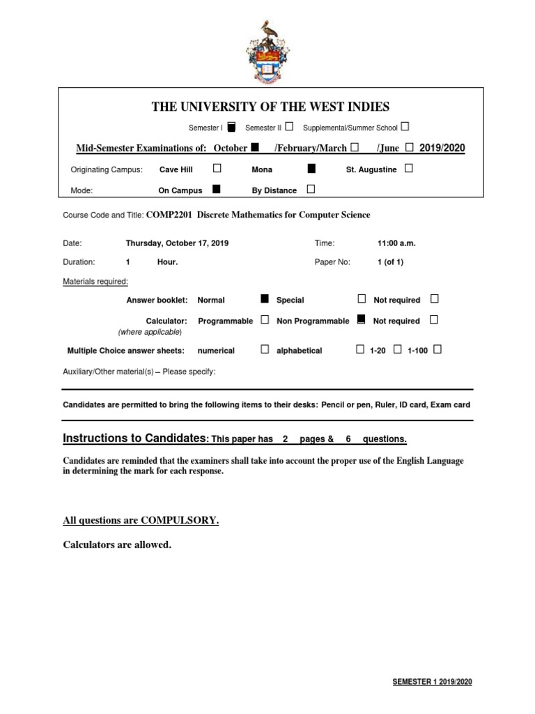 COMP2201 Mid-Term Examination - Sem 1 2019-2020 | PDF | Function (Mathematics) | Probability