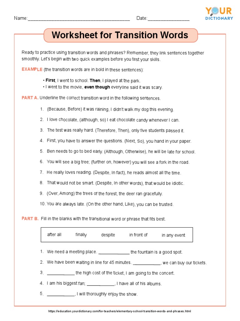 Worksheet For Transition Words: Name: - Date | PDF