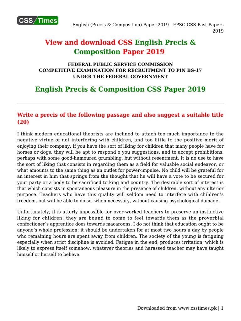 English (Precis & Composition) Paper 2019 - FPSC CSS Past Papers 2019 ...