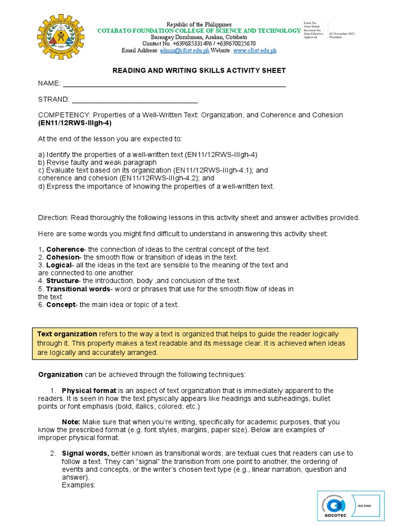 Reading and Writing Skills Activity Sheet. | PDF | Human Communication ...