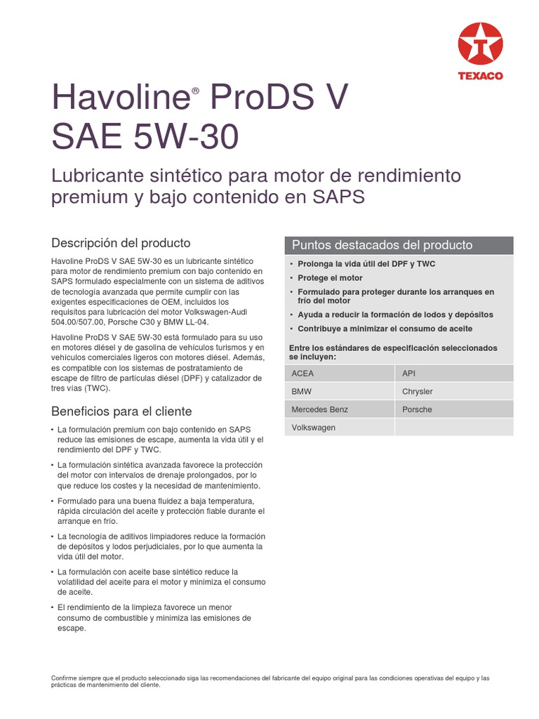 Havoline ProDS V SAE 5W-30 | PDF | Volkswagen | Lubricante