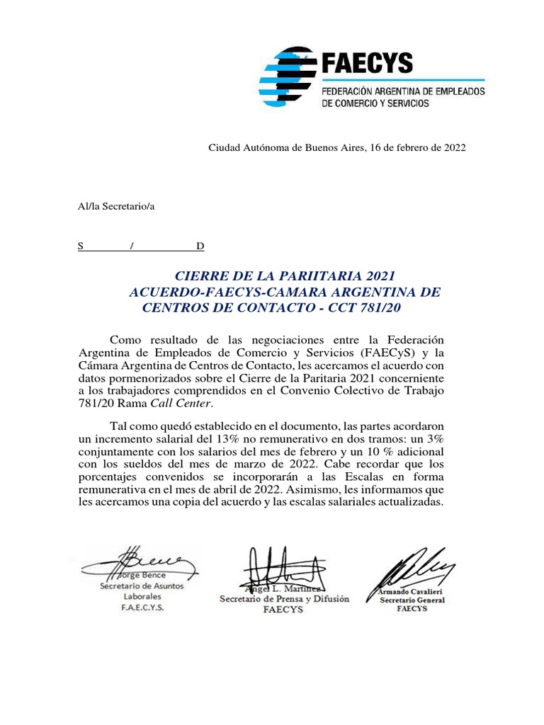 Call Center Circular Acuerdo Escalas Convenio Colectivo de Trabajo 781/ ...