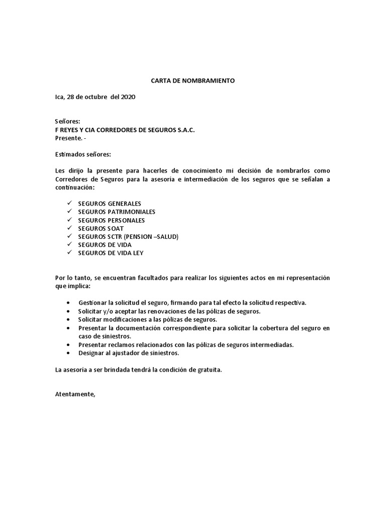 Carta de Nombramiento Conforme A La SBS-2019 | PDF | Póliza de seguros | Seguro