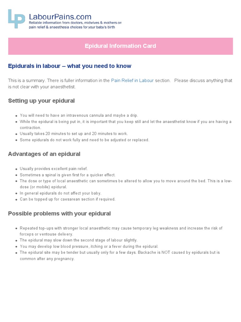 Epidural Information Card | PDF | Childbirth | Anesthesia
