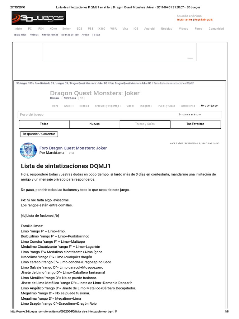 Lista de Sintetizaciones DQMJ1 en El Foro Dragon Quest Monsters Joker - 2011-04-01 21-30-07 ...