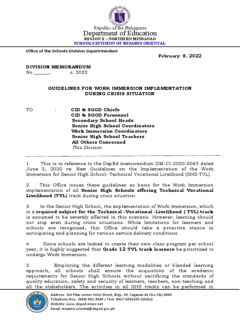 Memo Guidelines For Shs Work Immersion 2022 | PDF