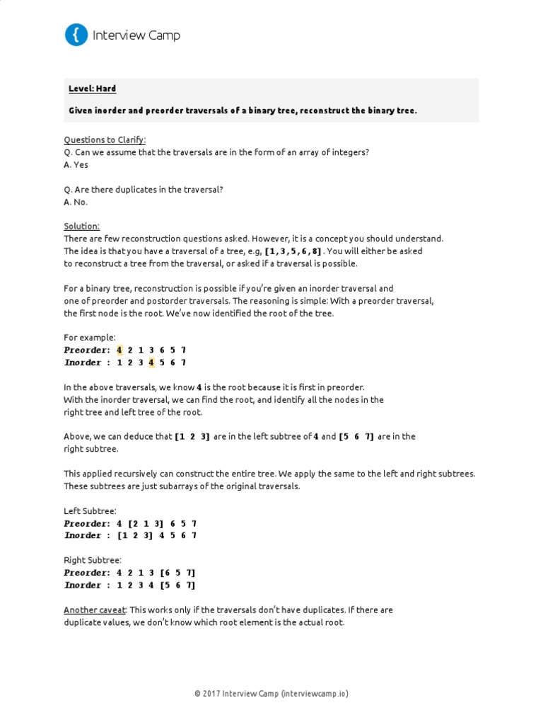 Interview Camp: Level: Hard Given Inorder and Preorder Traversals of A Binary Tree, Reconstruct ...