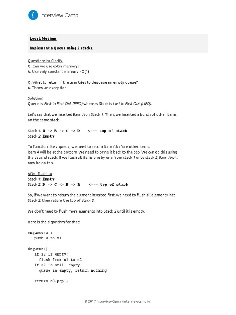 Interview Camp: Level: Medium Implement A Queue Using 2 Stacks | PDF ...