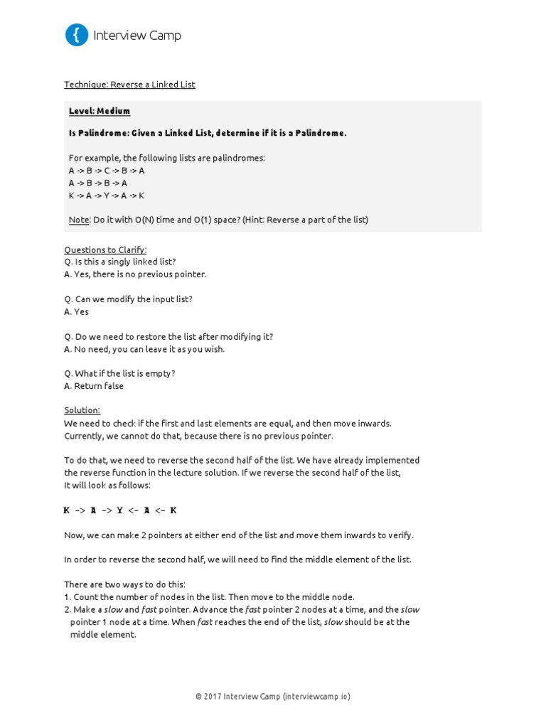 Interview Camp Level Medium Is Palindrome Given A Linked List Determine If It Is A