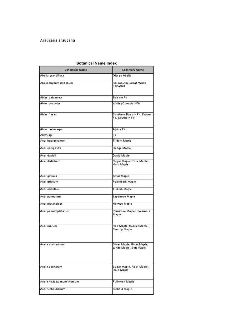 Botanical Name Index Guide | PDF | Maple | Pine