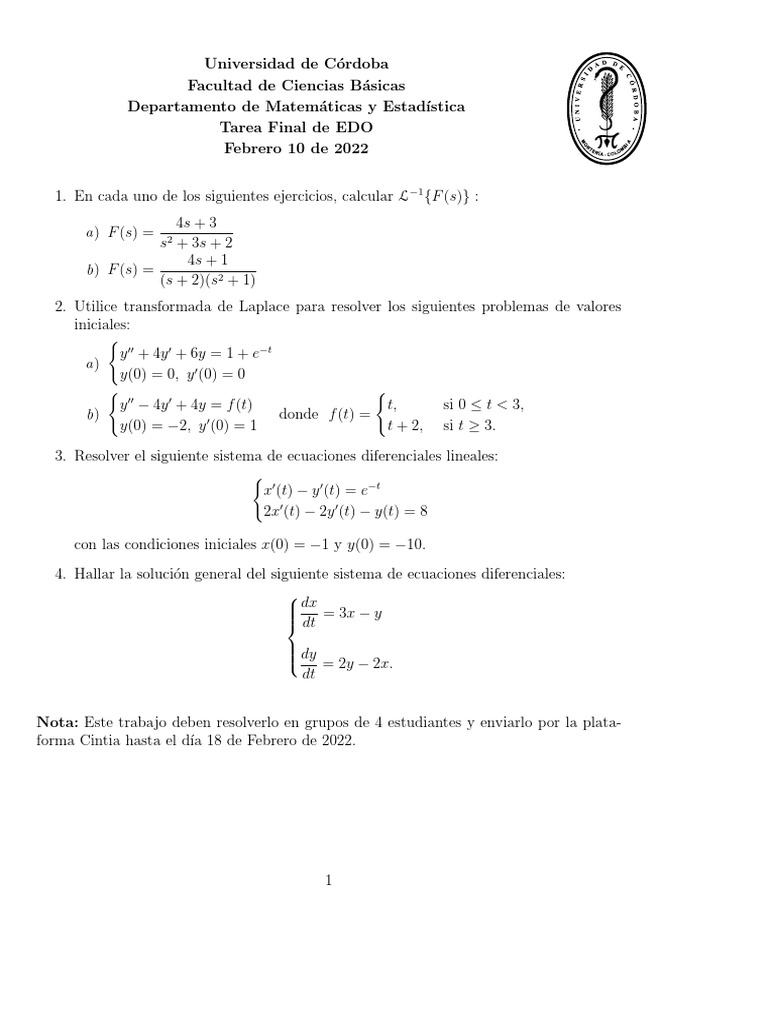 Tarea Final EDO | PDF | Sustracción | Calculo diferencial