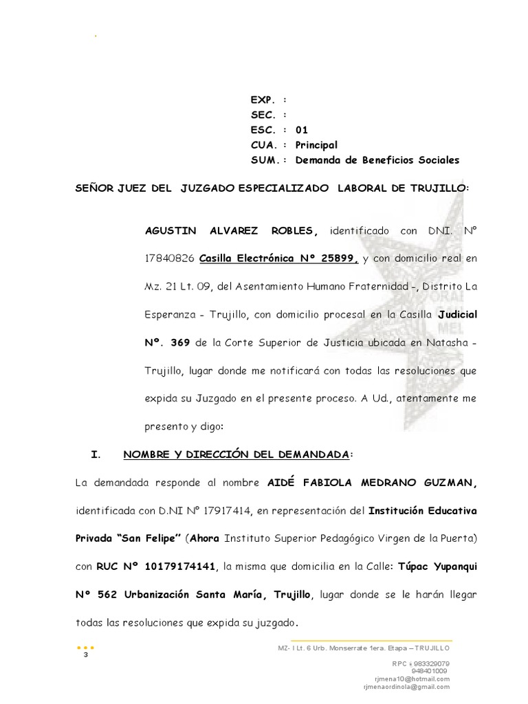 Demanda de Beneficios Sociales | PDF | Derecho laboral | Salario