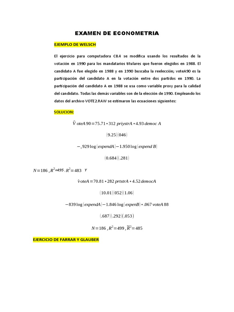 Examen de Econometria | PDF | Estadísticas | Ecuaciones