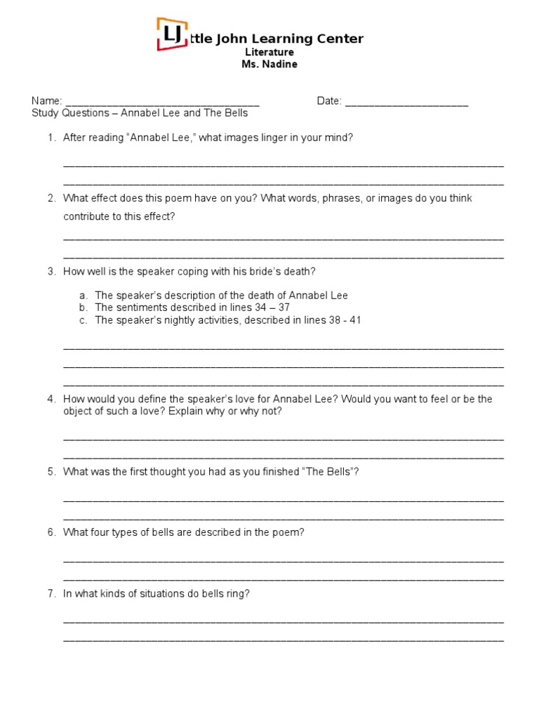 Annabel Lee The Bells Questions | PDF | Poetry | Edgar Allan Poe