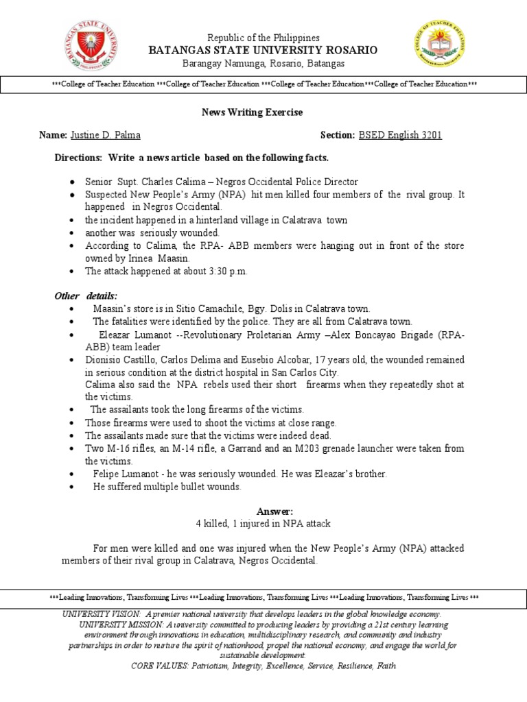 Justine Plma's News Writing Exercise | PDF