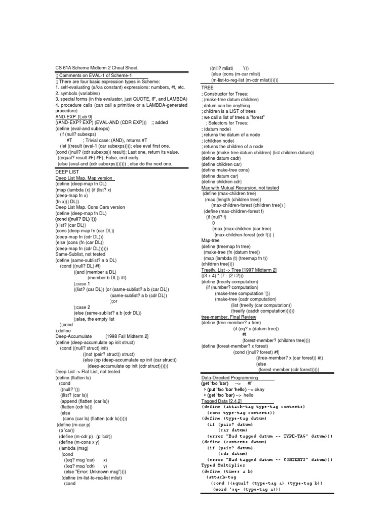 CS 61A Scheme Midterm 2 Cheat Sheet | PDF | Models Of Computation | Data