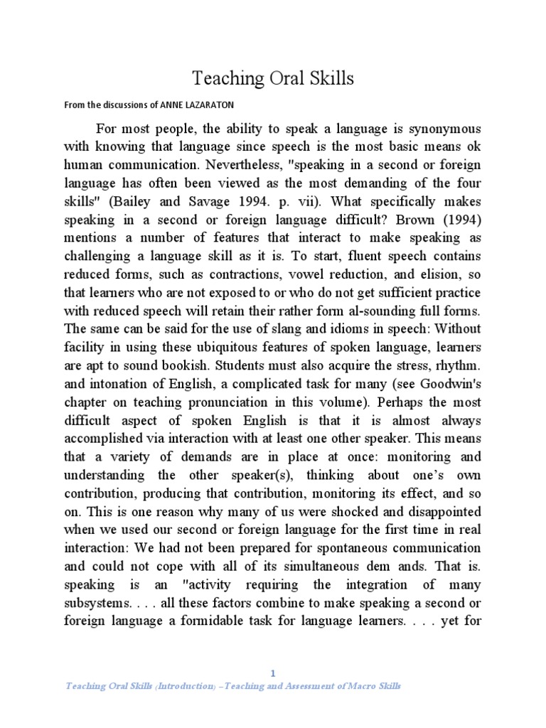 ESL Oral Skills Teaching Guide | PDF | Language Education | Fluency