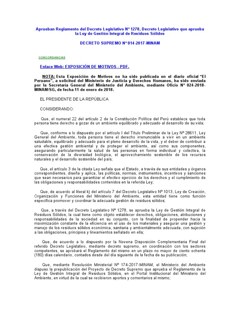 Aprueban Reglamento Del Decreto Legislativo #1278 | PDF | Residuos ...