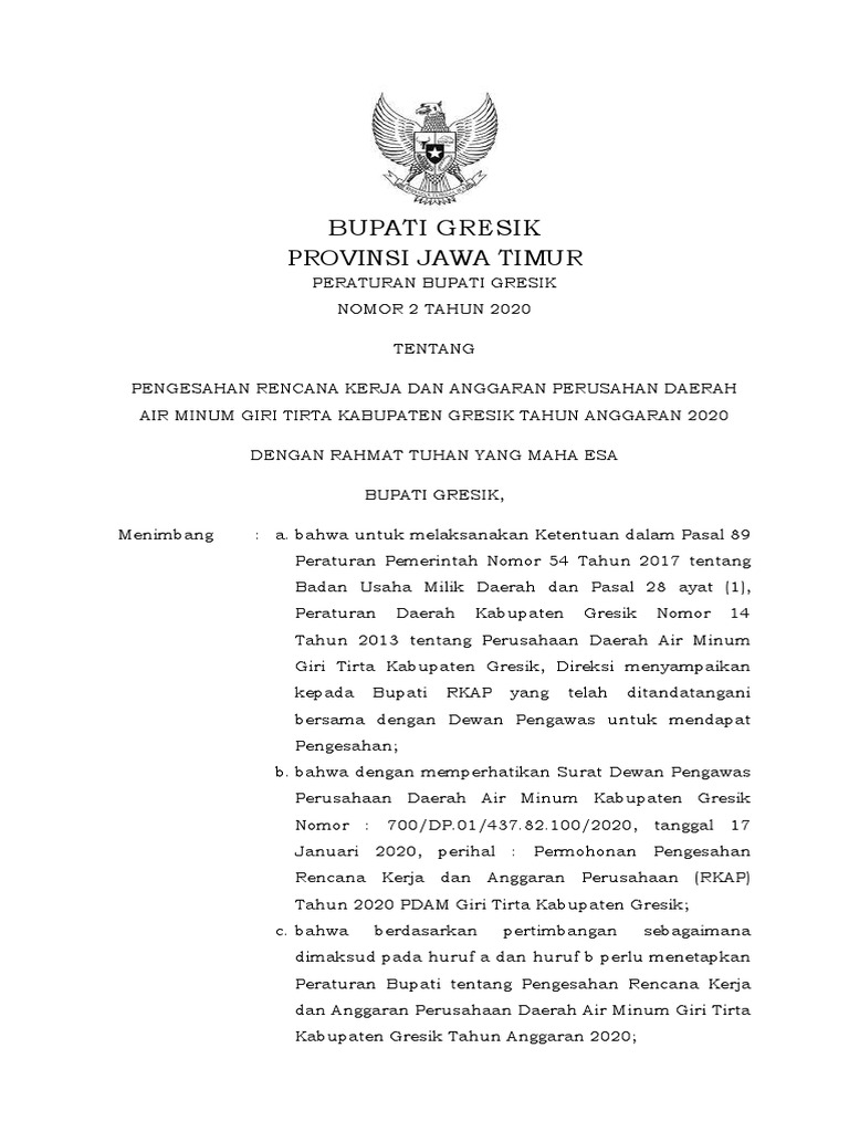 PERBUP - 2 - 2020 Pengesahan RKAP PDAM 2020 | PDF