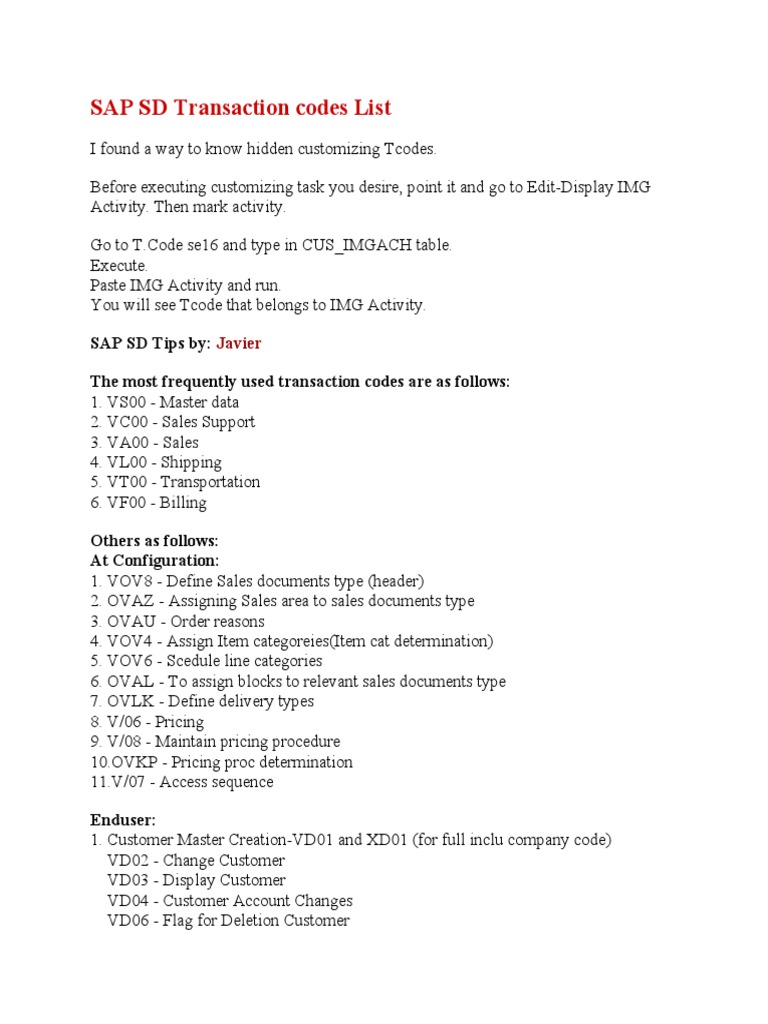 SAP SD Transaction Codes List | Download Free PDF | Inventory | Sales