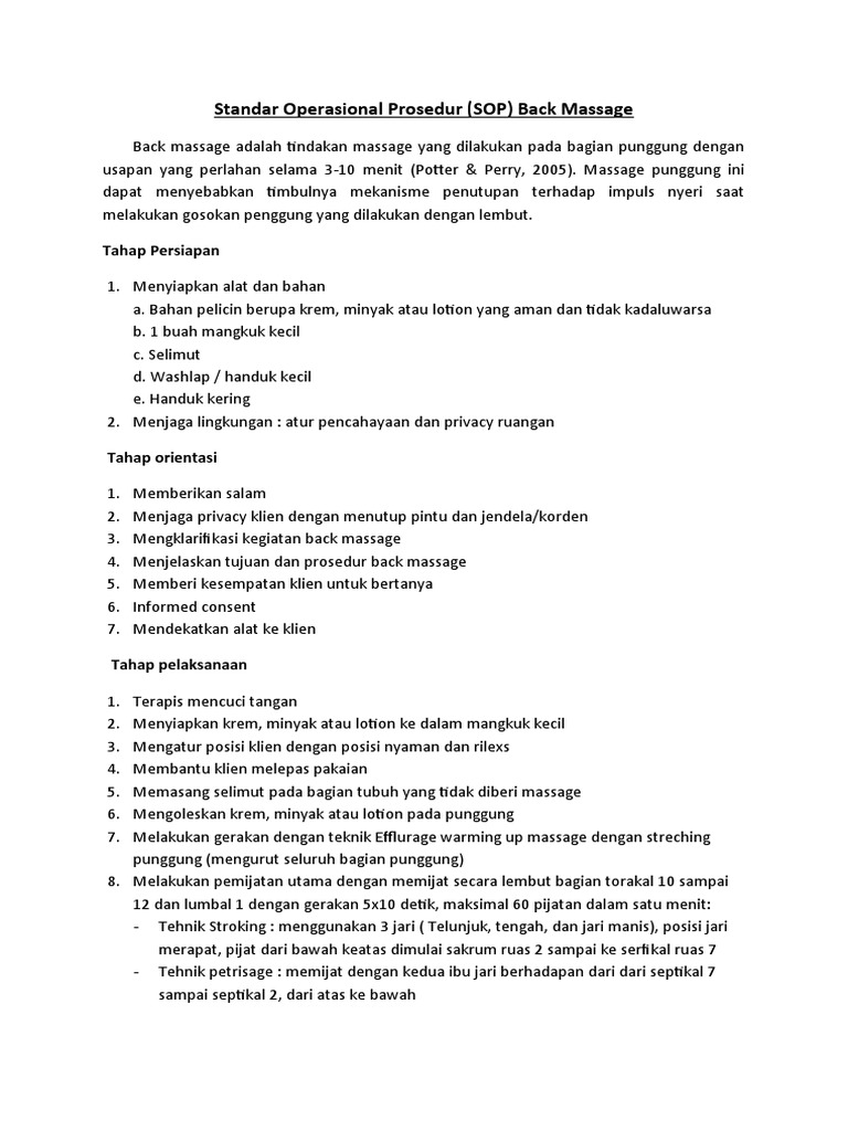 Standar Operasional Prosedur Back Massage | PDF