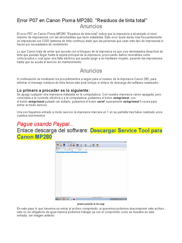 Error P07 en Canon Pixma MP280 | PDF | Impresora (Computación ...