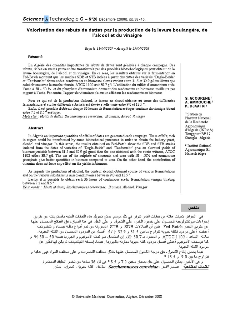 Valorisation Des Rebuts de Dattes Par La Production de La Levure ...