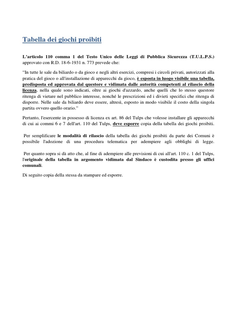 Tabella Dei Giochi Proibiti | PDF