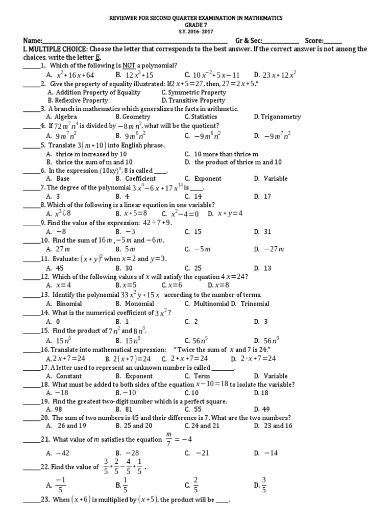 Reviewer For Second Quarter Examination in Mathematics Grade 7 | PDF ...