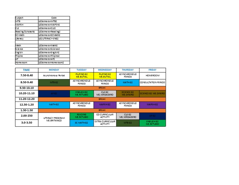 Grade 2 Class Schedule | PDF