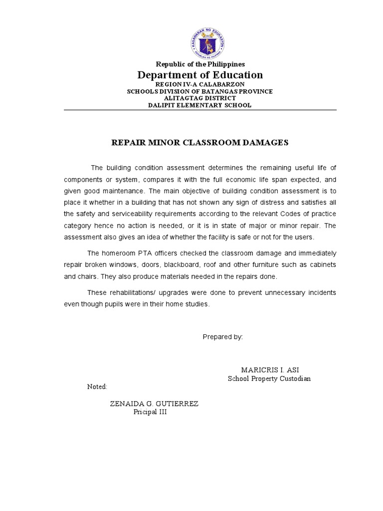 Department of Education: Repair Minor Classroom Damages | PDF