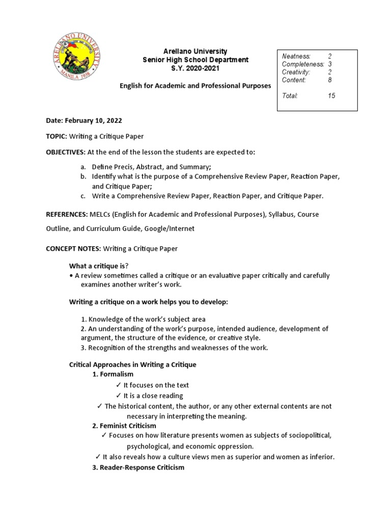 Guide to Writing a Critique Paper | PDF | Cognitive Science | Cognition