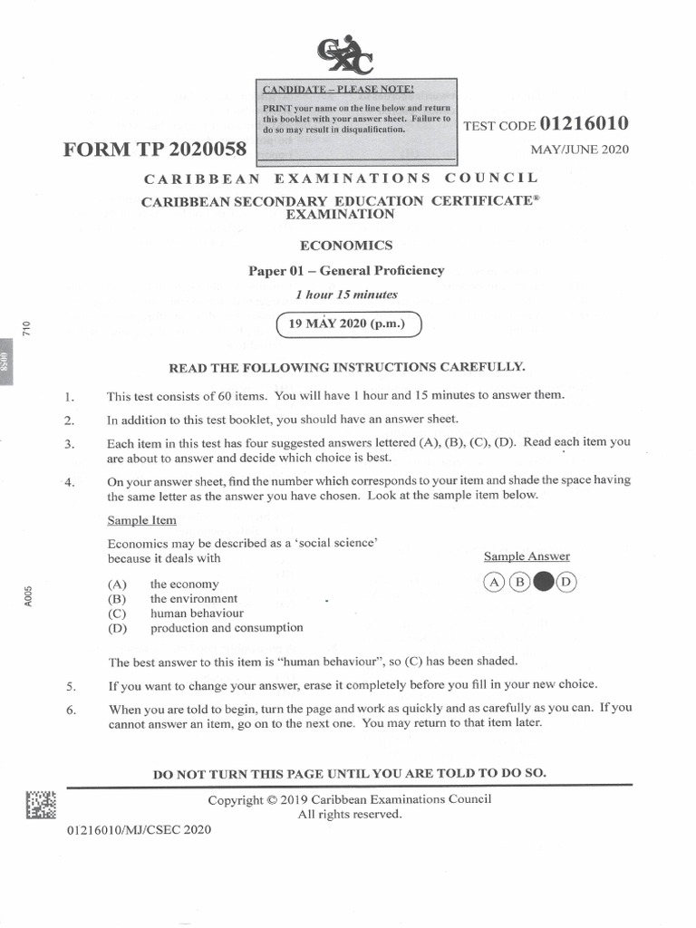 CSEC Economics 2020 P1 | PDF