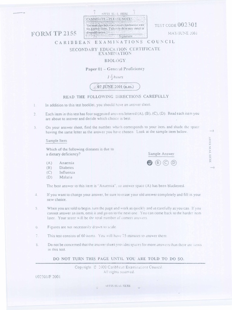 Biology-Csec-Paper-1 June-2001 Answers | PDF
