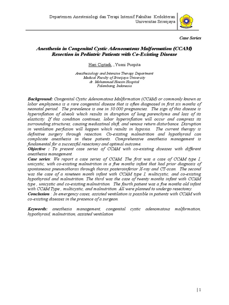 Anesthesia in CCAM Resection for Pediatric Patients with Co-Existing ...
